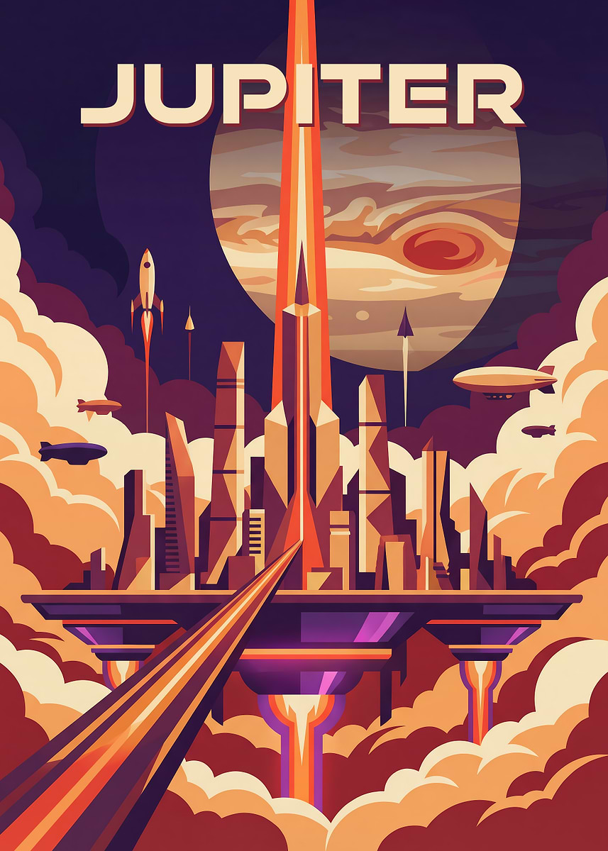 'Retro Futuristic Jupiter Cityscape' Poster, picture, metal print ...