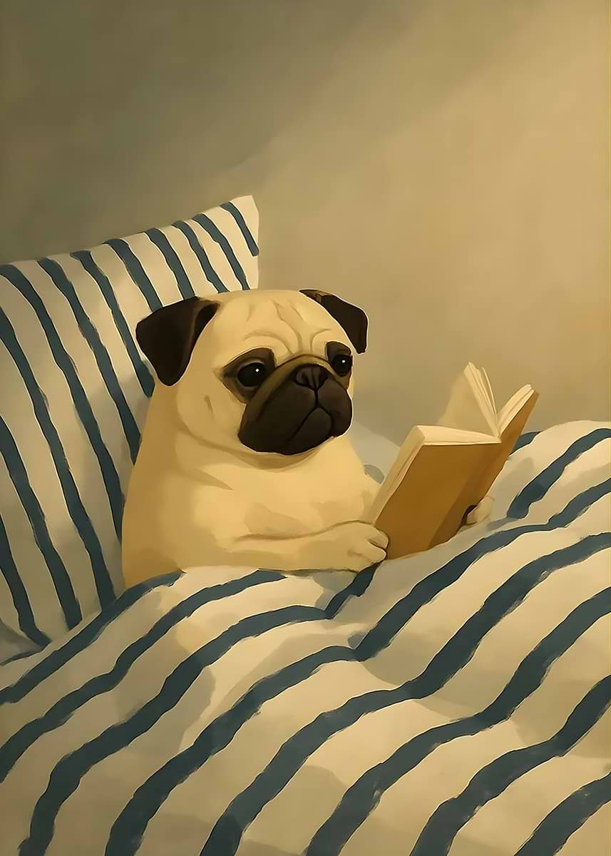 'Pug Reading a Book in Bed' Poster, picture, metal print, paint by gani ...