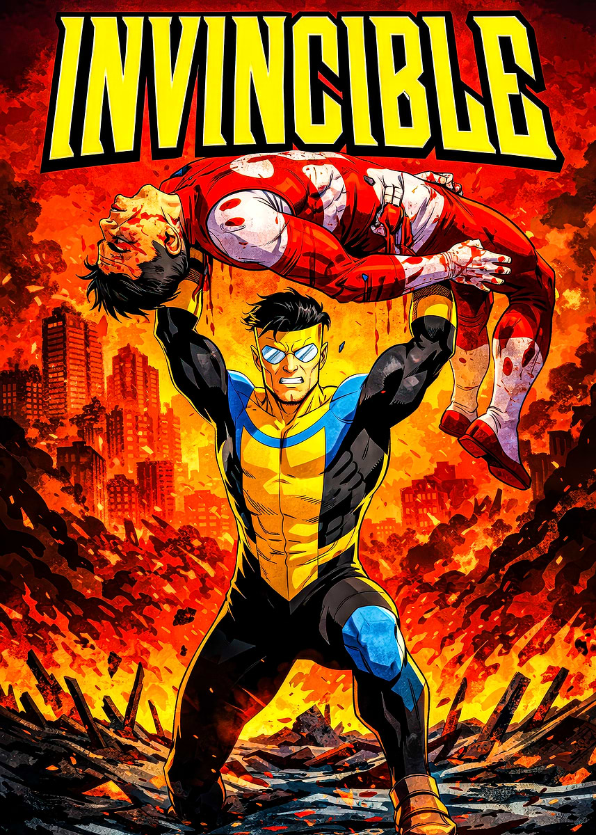 'Invincible holding a bloody body' Poster, picture, metal print, paint ...