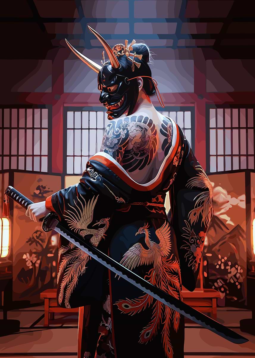 'Geisha with Oni Mask and Katana' Poster, picture, metal print, paint ...
