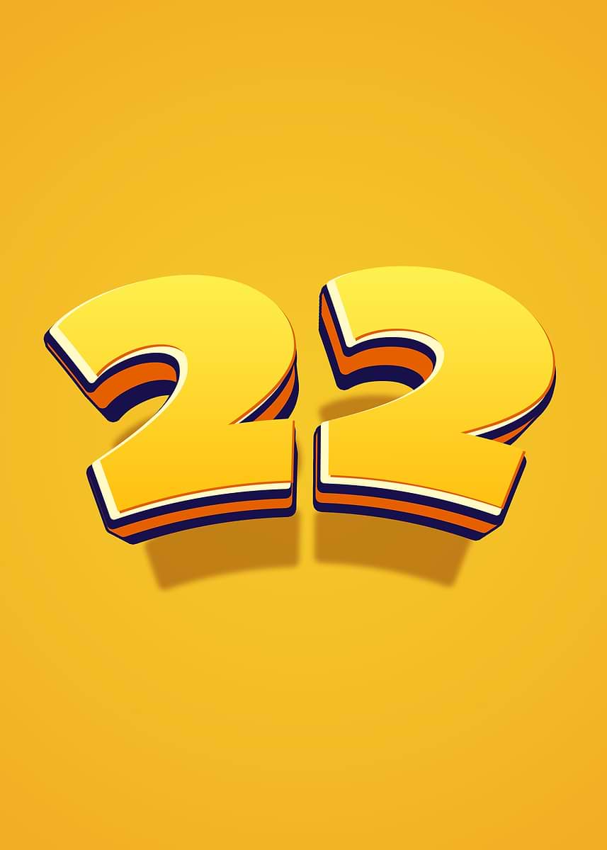 'Yellow Number 22 with Blue and Orange Outline' Poster, picture, metal ...