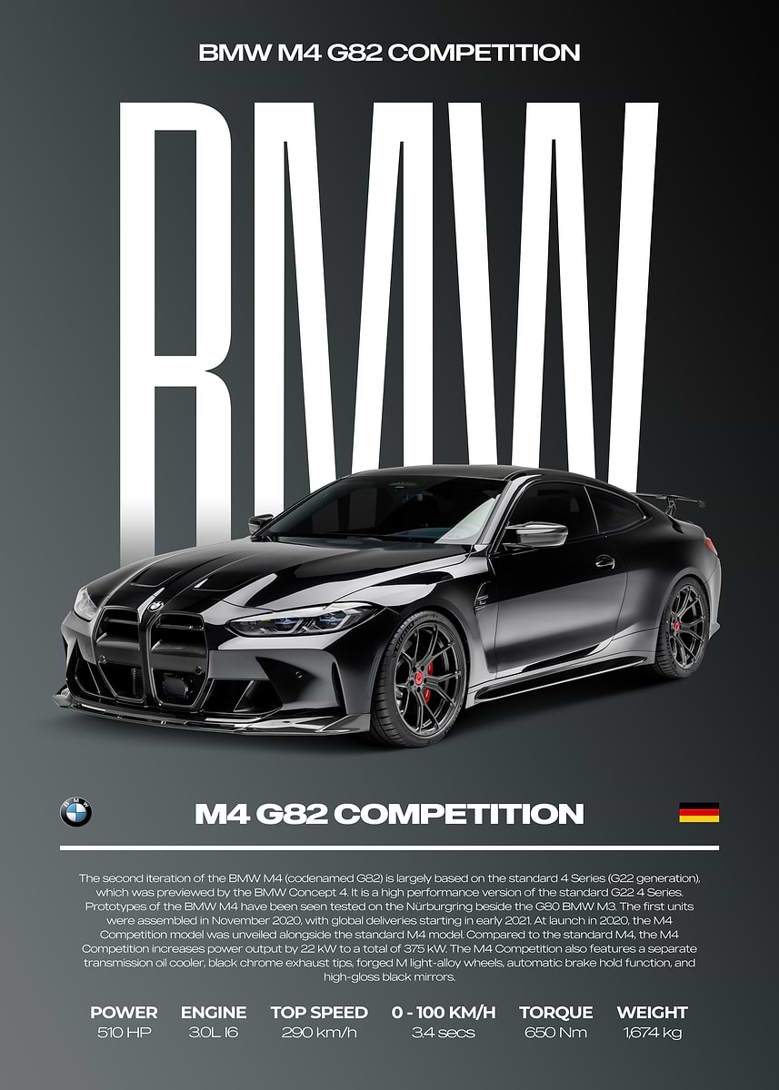 'BMW M4 G82 Competition Car Poster' Poster, picture, metal print, paint ...