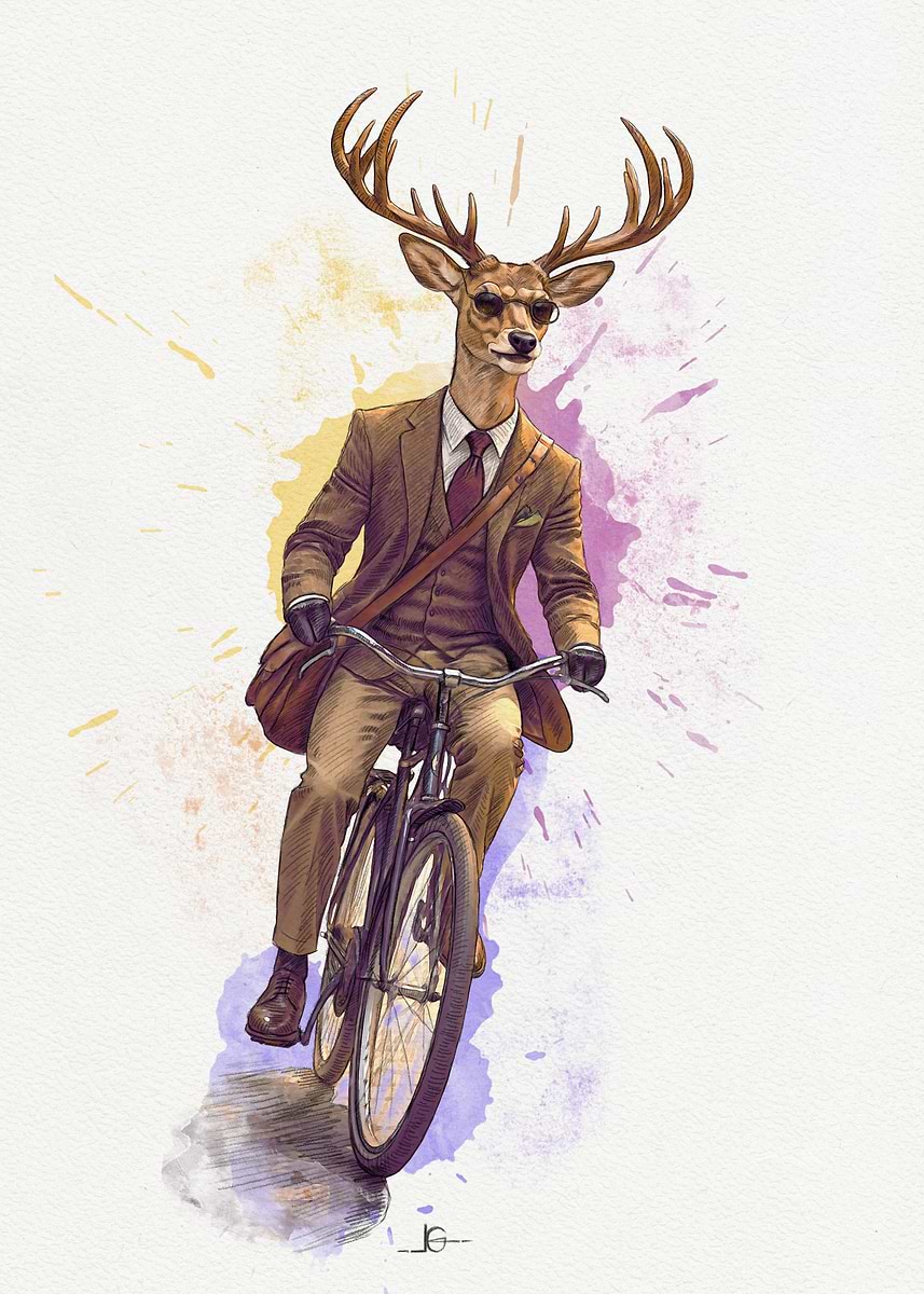 'Anthropomorphic Deer Riding a Bicycle' Poster, picture, metal print ...
