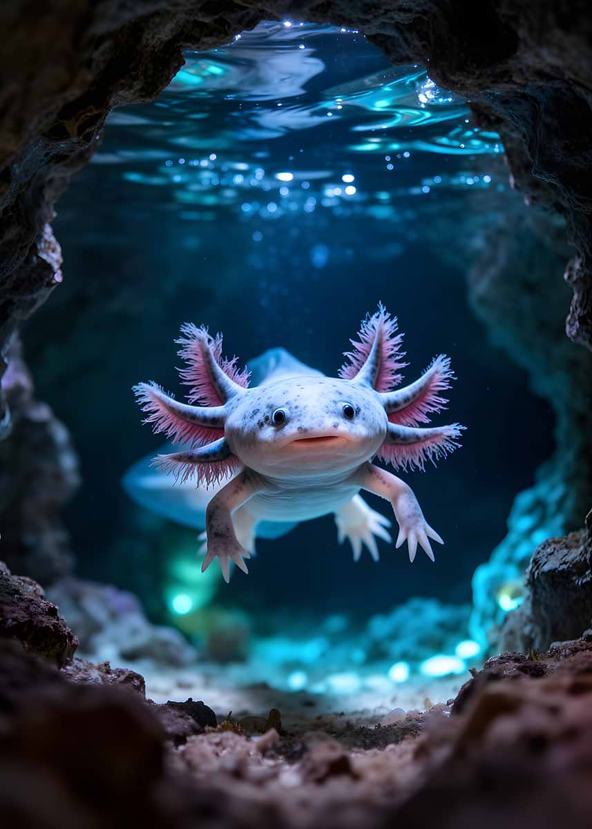 'Axolotl in underwater cave' Poster, picture, metal print, paint by ...