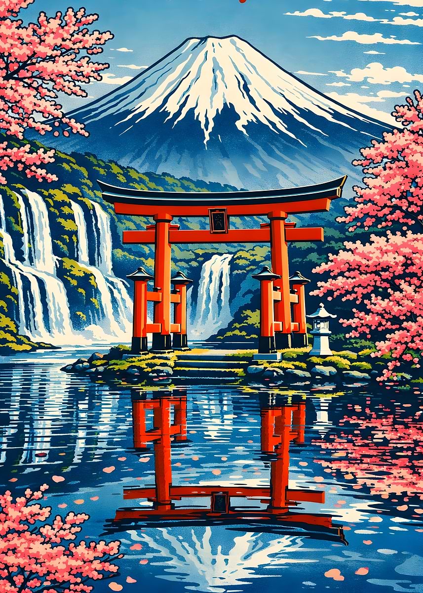 'Mount Fuji Torii Gate Waterfall' Poster, picture, metal print, paint ...