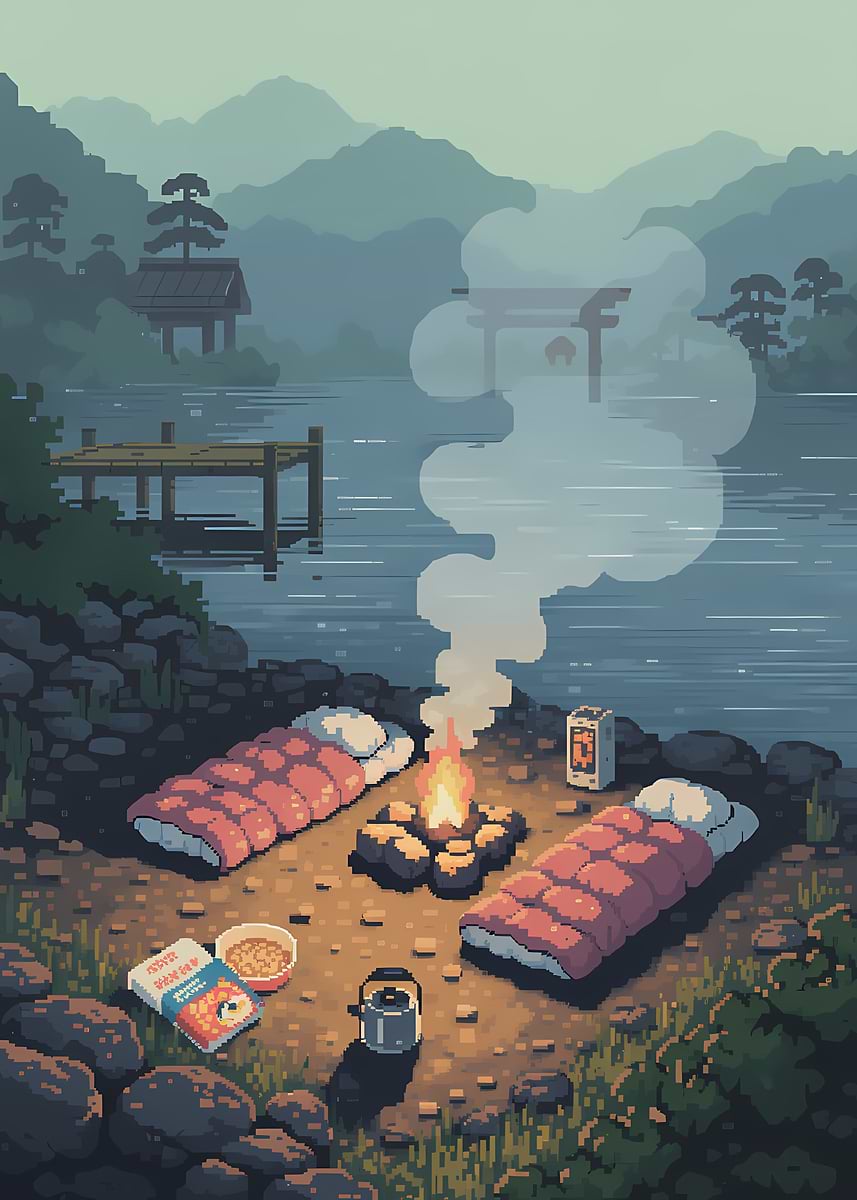 'Pixel Art Camping Scene by Lake' Poster, picture, metal print, paint ...