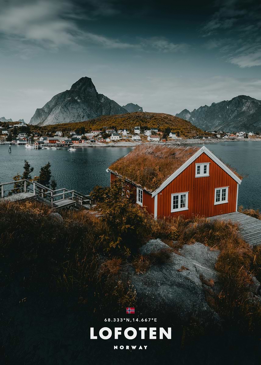 'Red Lofoten House with Grassy Roof' Poster, picture, metal print ...