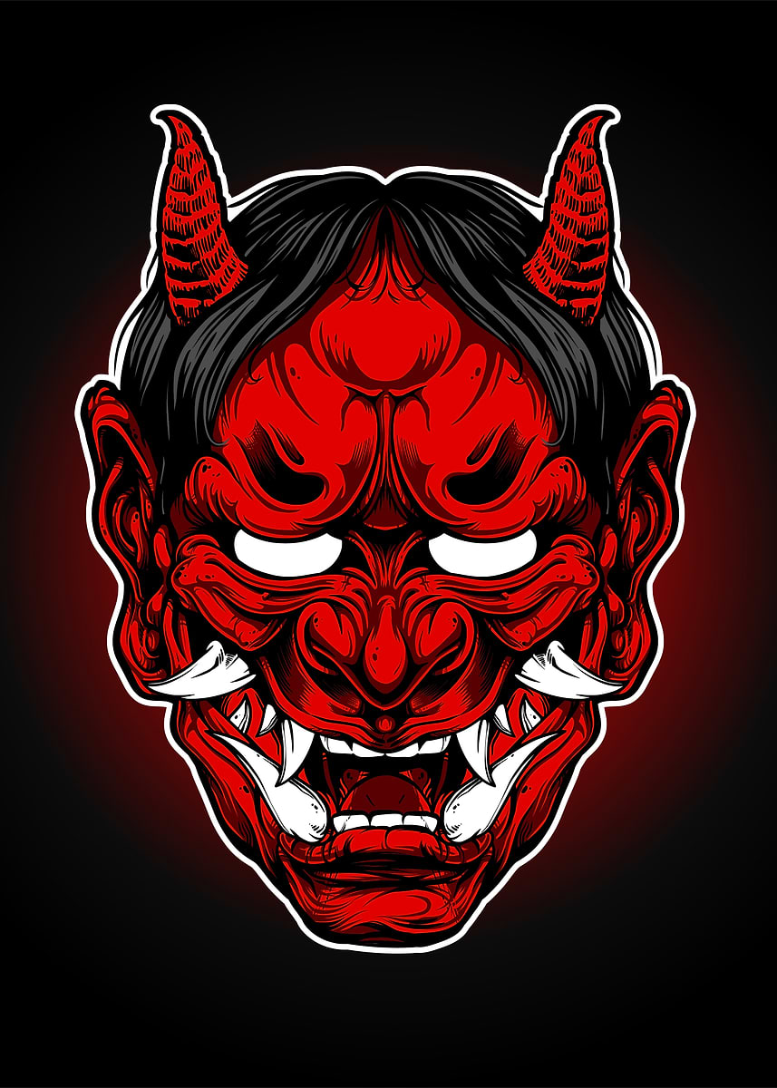 'Red Oni Mask with Horns' Poster, picture, metal print, paint by ...