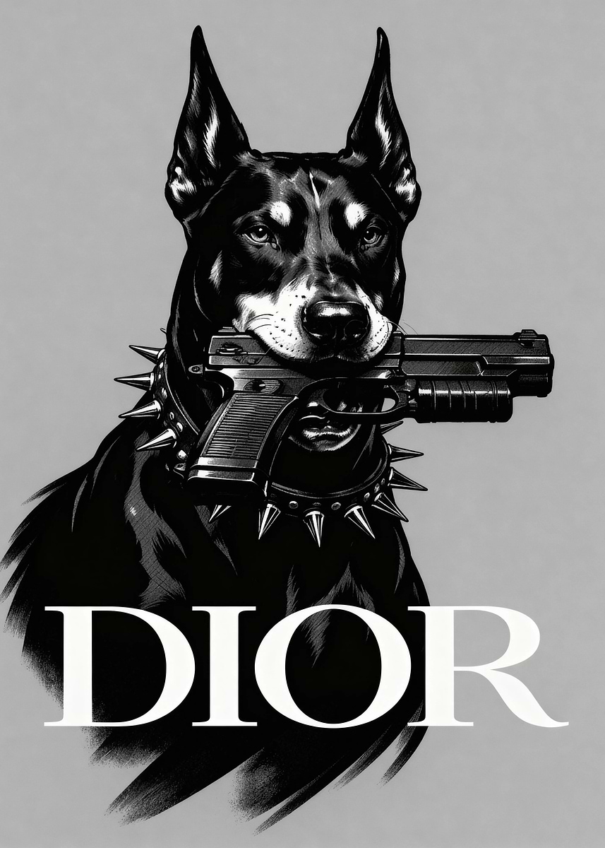 'Dior Dog with Gun' Poster, picture, metal print, paint by MOHAMED ...