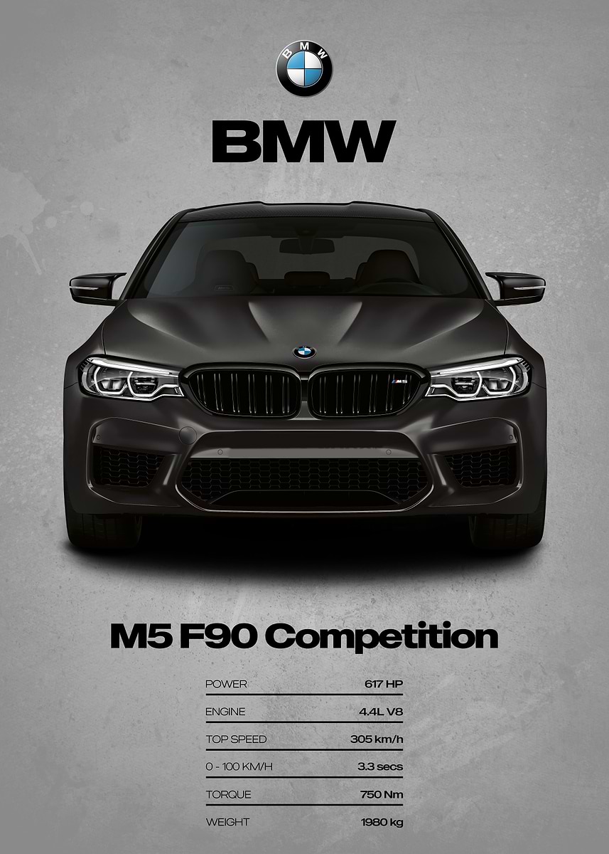 'BMW M5 F90 Competition Poster' Poster, picture, metal print, paint by ...