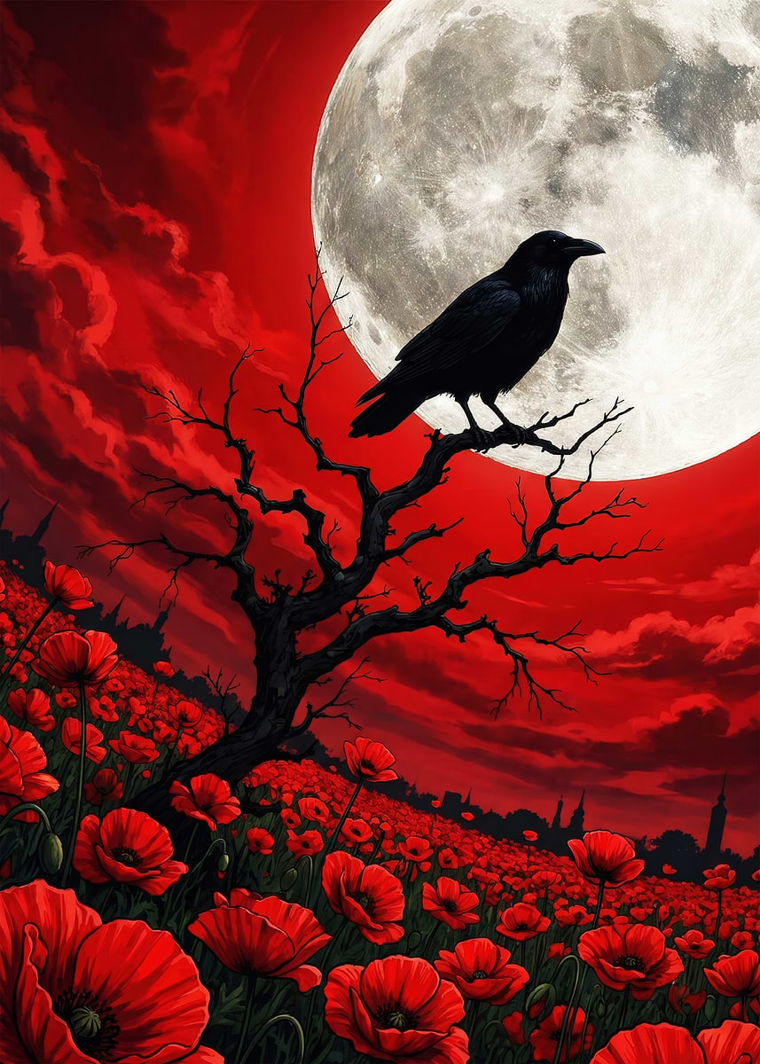 'Raven on a branch in a poppy field' Poster, picture, metal print ...
