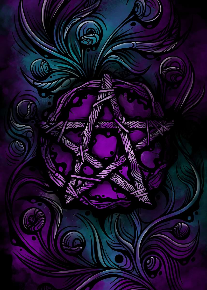 'Purple Anarchy Pentagram with Floral Design' Poster, picture, metal ...