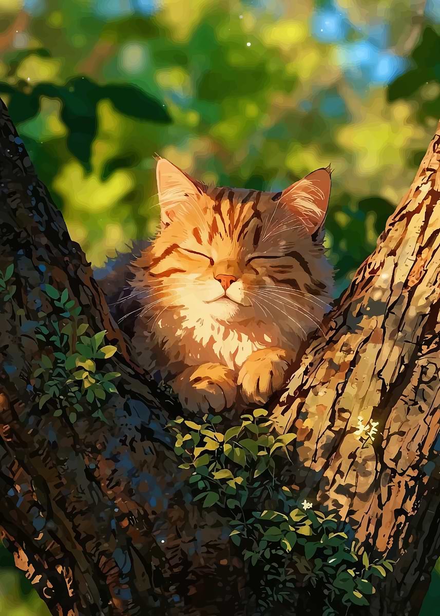 'Cat Sleeping in a Tree' Poster, picture, metal print, paint by ...