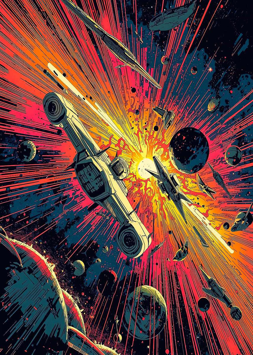 'Explosion in Space with Spaceships' Poster, picture, metal print ...