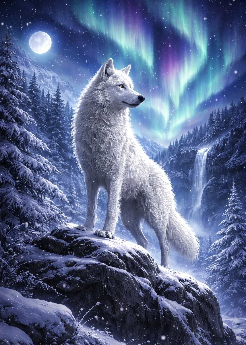 'White Wolf Under Aurora Borealis' Poster, picture, metal print, paint ...