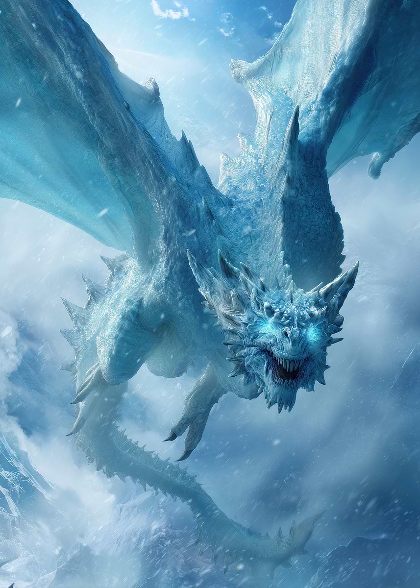 'Ice Dragon in Snowy Sky' Poster, picture, metal print, paint by ...