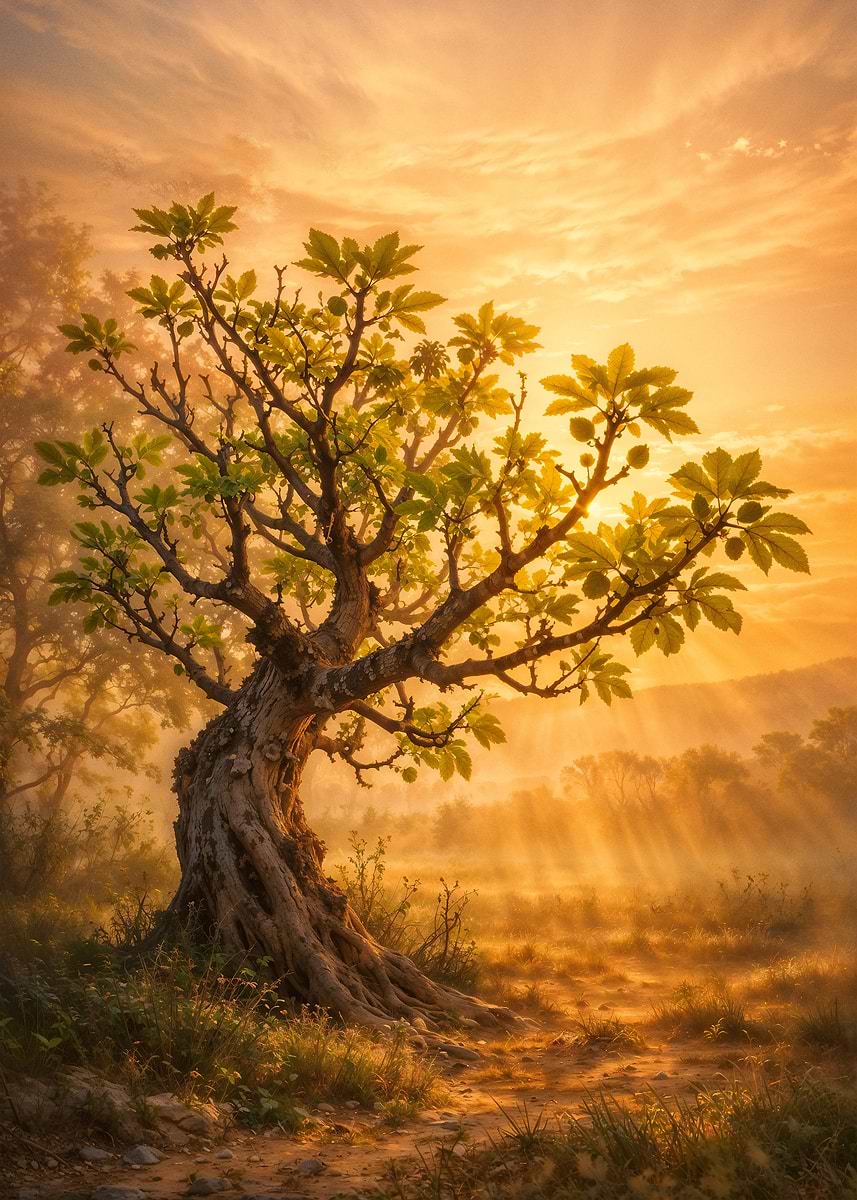 'Golden Hour Tree in Misty Landscape' Poster, picture, metal print ...