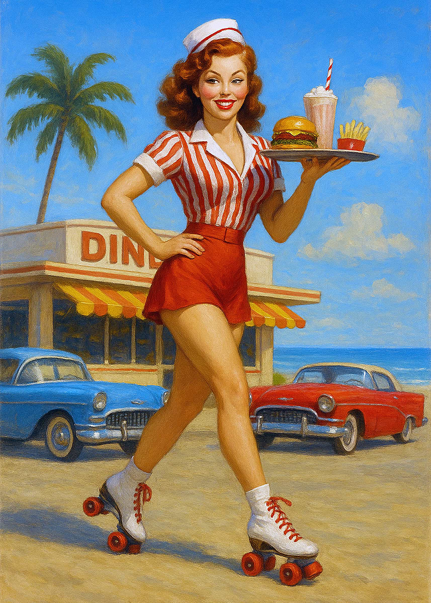 'Retro Roller Skating Diner Waitress' Poster, picture, metal print ...