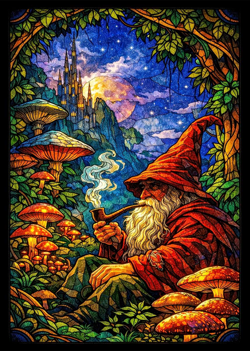 'Wizard Smoking Pipe in Enchanted Forest' Poster, picture, metal print ...