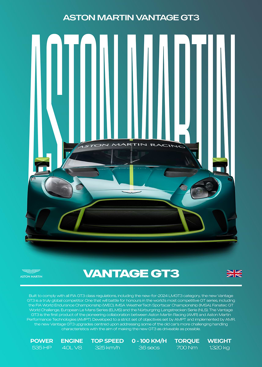 'Aston Martin Vantage GT3 Car Poster' Poster, picture, metal print ...
