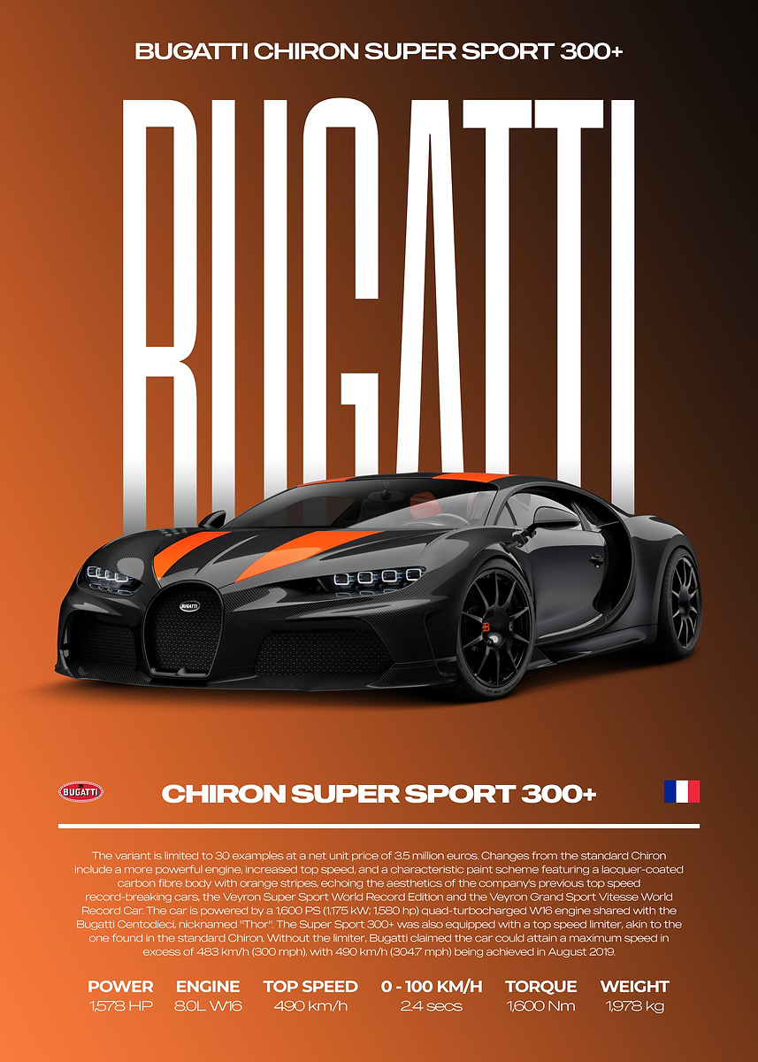 'Bugatti Chiron Super Sport 300+ Car Poster' Poster, picture, metal ...