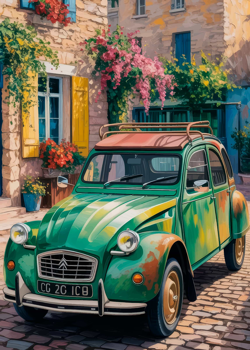 'Green Citroen 2CV in a European Village' Poster, picture, metal print ...