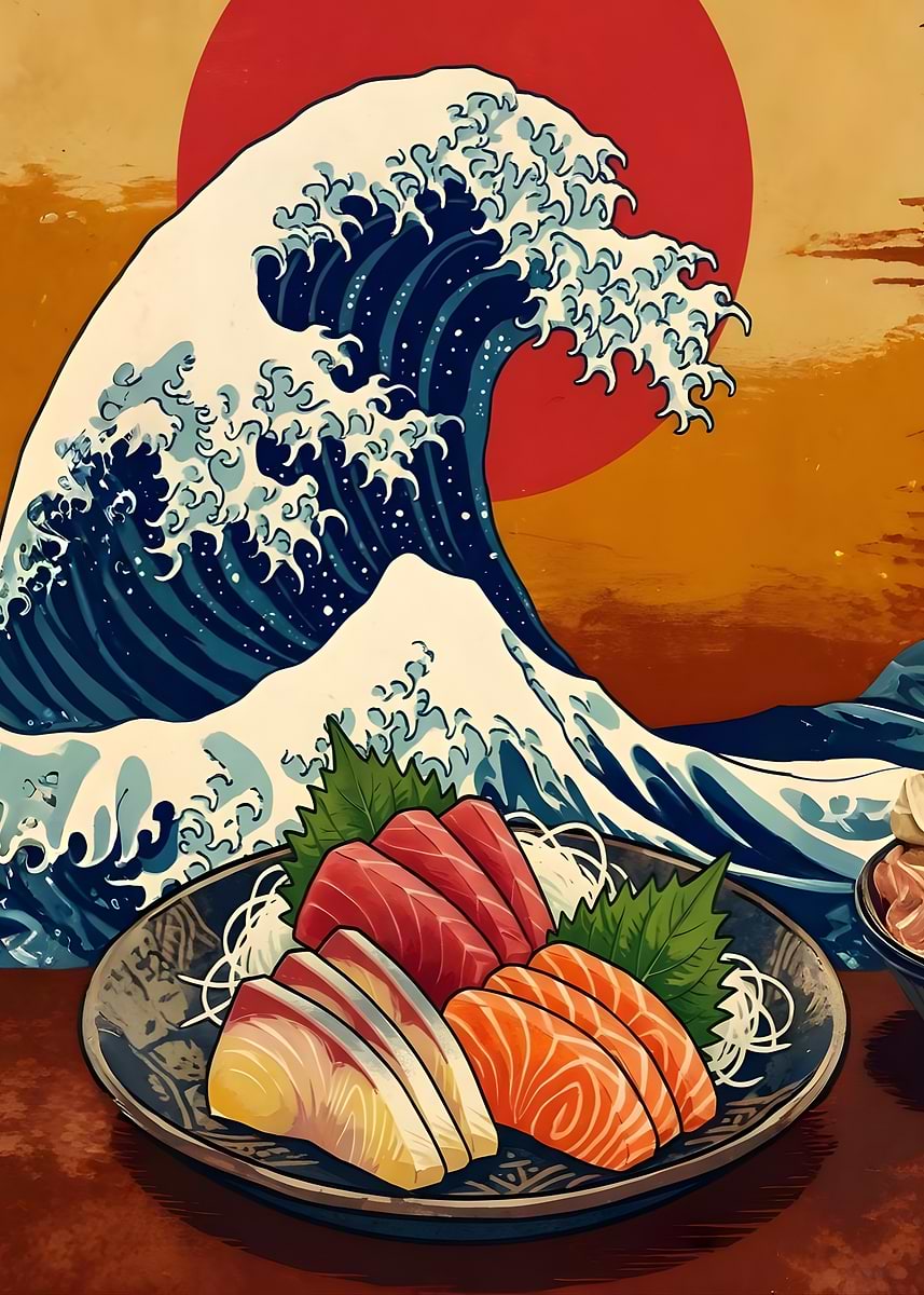 'Sashimi Platter with Great Wave Background' Poster, picture, metal ...