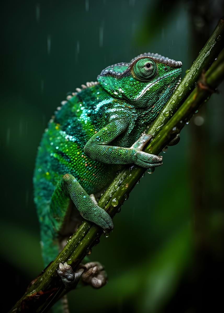 'Green Chameleon in Rain' Poster, picture, metal print, paint by GIGUGI ...
