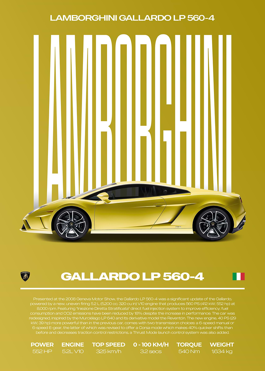 'Lamborghini Gallardo LP 560-4 Car Poster' Poster, picture, metal print ...