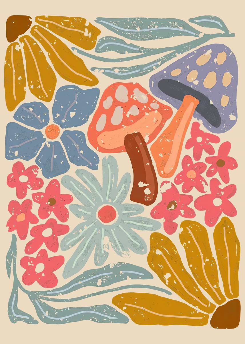 'Boho Floral and Mushroom Illustration' Poster, picture, metal print ...