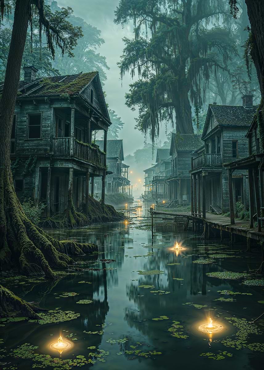 'Haunted Swamp Village with Floating Lights' Poster, picture, metal ...
