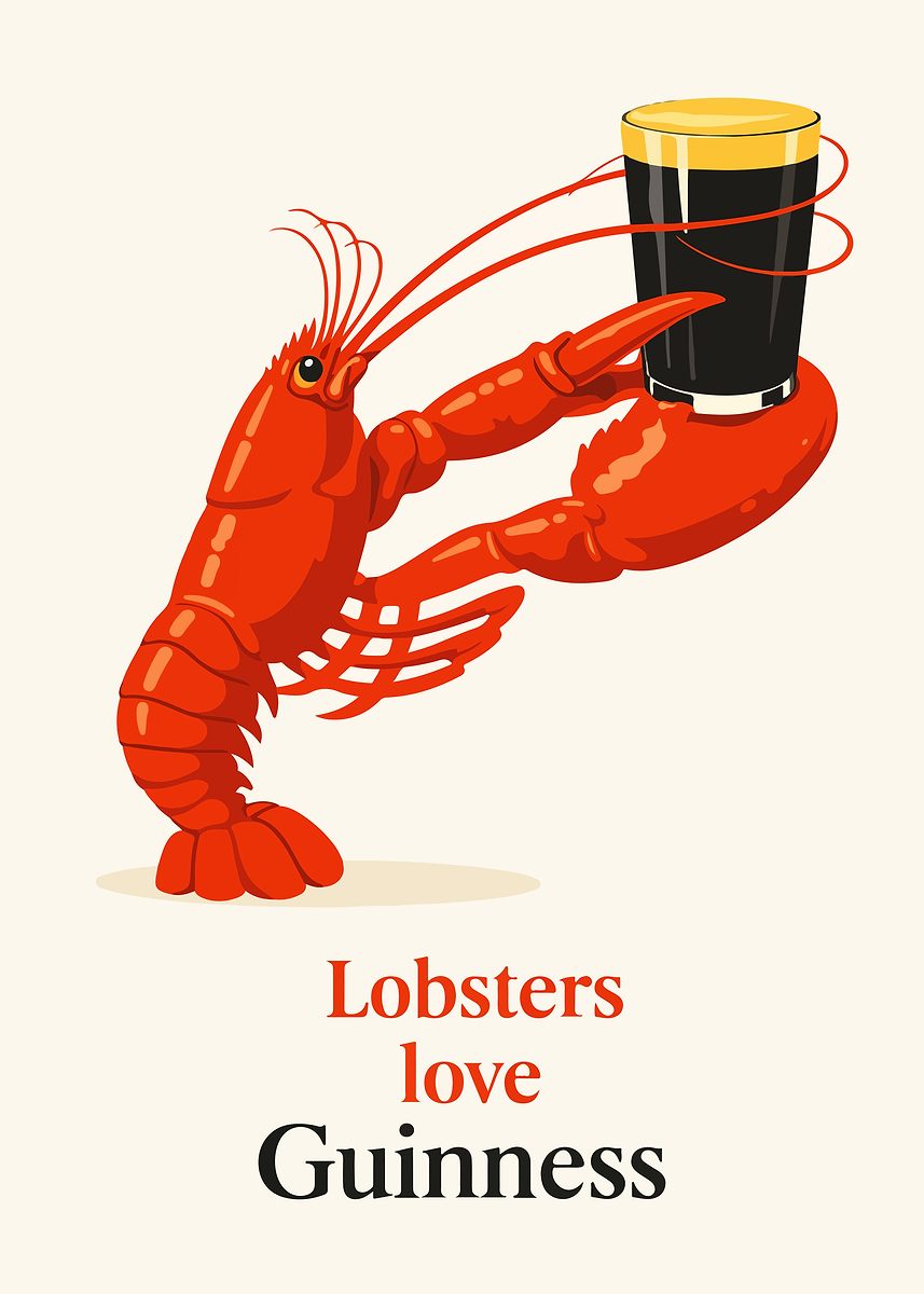 'Lobster Holding Guinness' Poster, picture, metal print, paint by ...