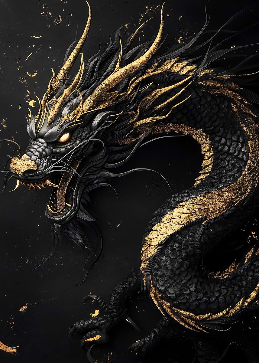 'Black and gold dragon' Poster, picture, metal print, paint by Yoomewka ...