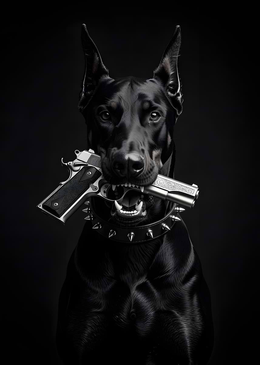 'Doberman with Gun in Mouth' Poster, picture, metal print, paint by ...