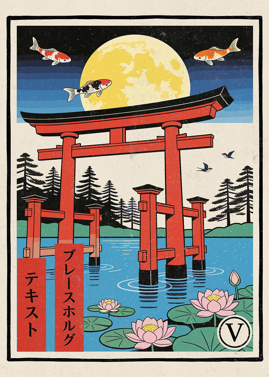 'Japanese Torii Gate with Koi and Moon' Poster, picture, metal print ...