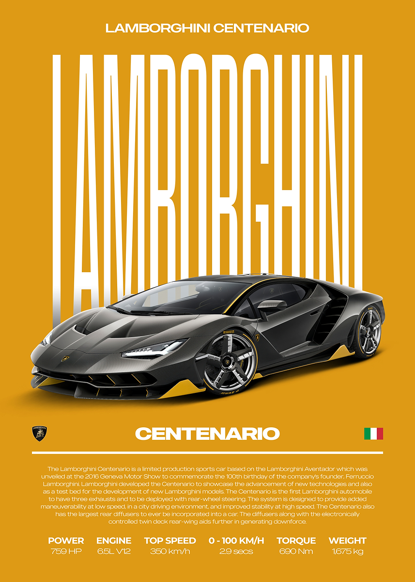 'Lamborghini Centenario Car Poster' Poster, picture, metal print, paint ...