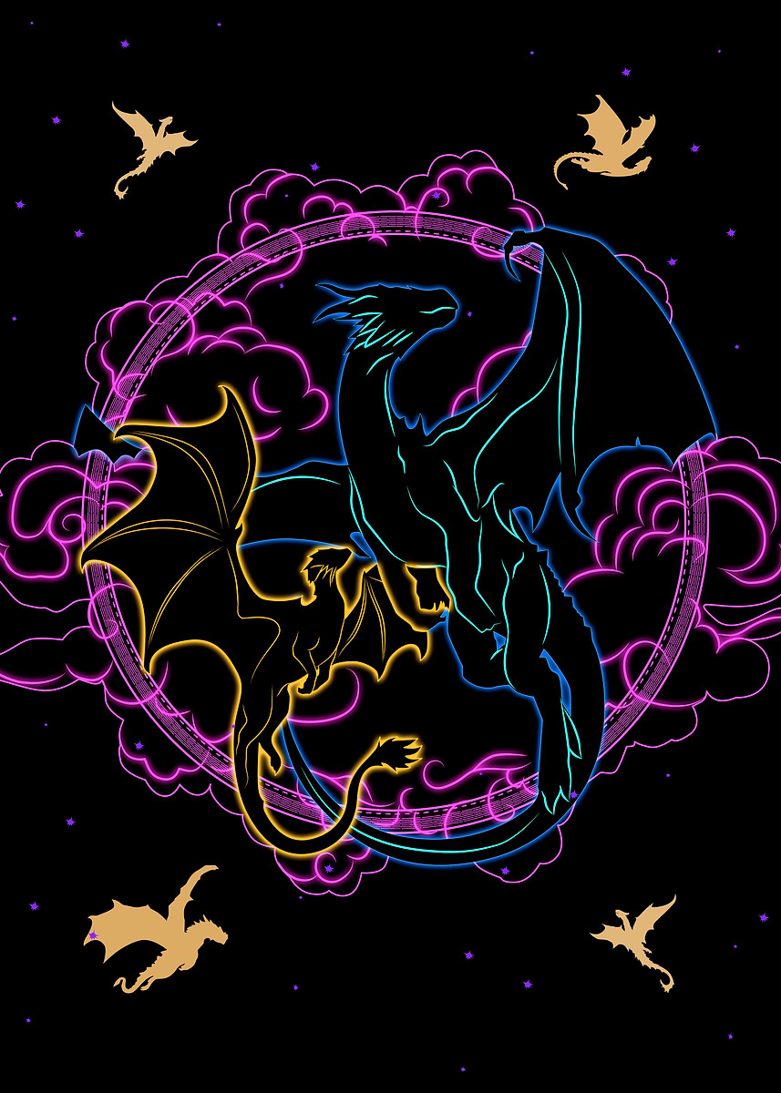 'Neon Dragons fourth wings in Cosmic Clouds' Poster, picture, metal ...