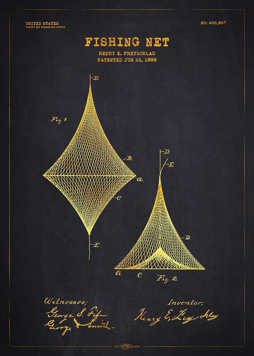 '1889 Fishing Net Patent Gold' Poster, picture, metal print, paint by ...