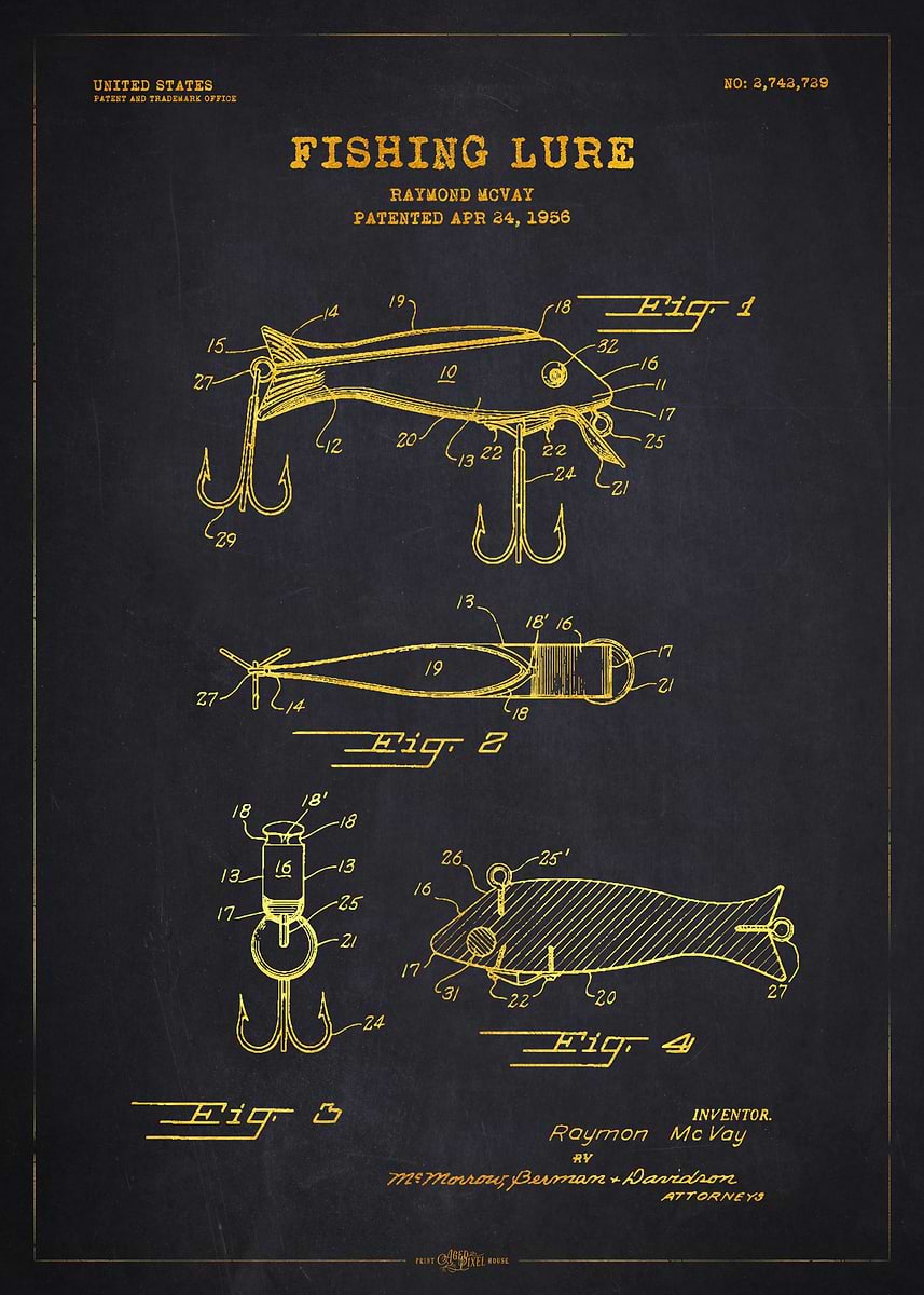 '1956 Fishing Lure Patent Gold' Poster, picture, metal print, paint by ...
