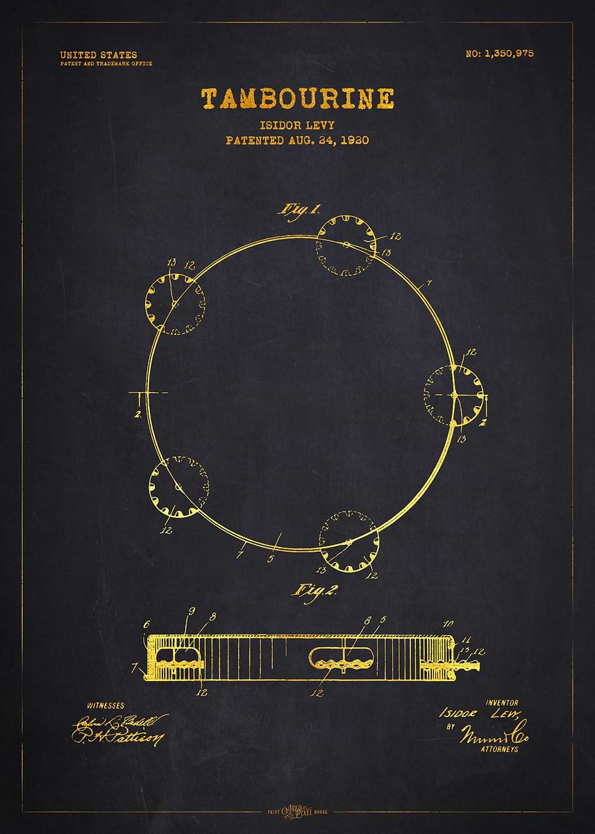 '1930 Tambourine Patent Gold' Poster, picture, metal print, paint by ...