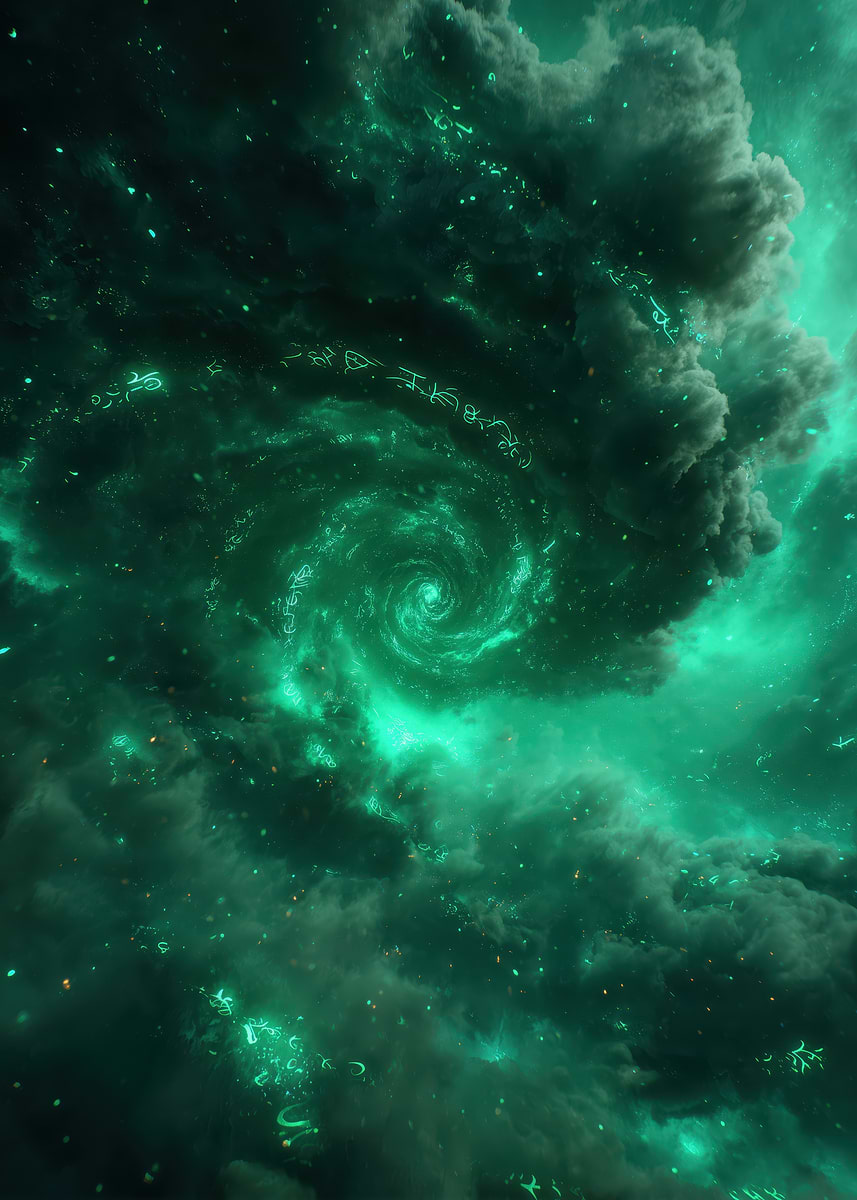 'Cosmic Swirl with Glowing Runes' Poster, picture, metal print, paint ...