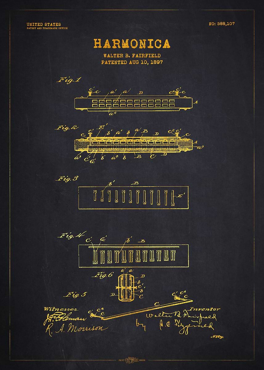 '1897 Harmonica Patent Gold' Poster, picture, metal print, paint by ...