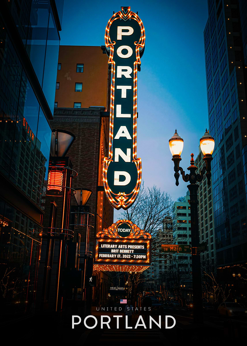 'Portland Theater Marquee at Dusk' Poster, picture, metal print, paint ...