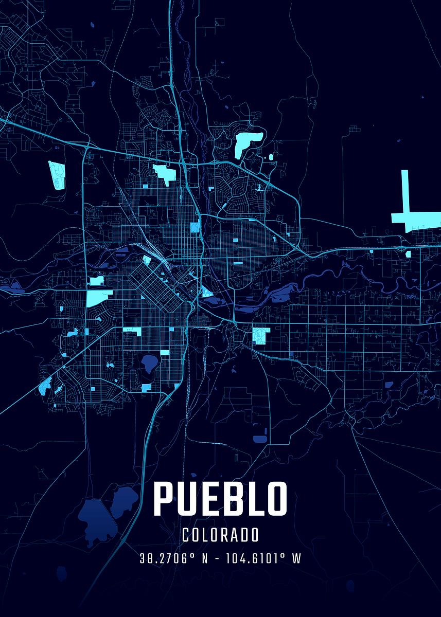 'Pueblo Colorado Midnight City Map' Poster, picture, metal print, paint ...