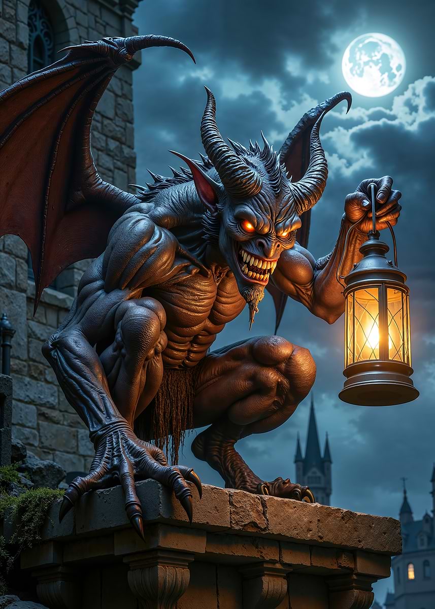 'Demonic Gargoyle with Lantern' Poster, picture, metal print, paint by ...