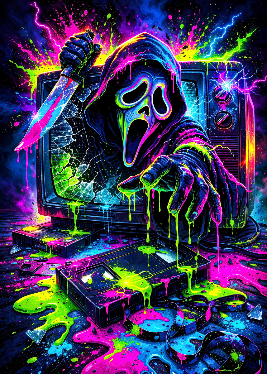 'Scream Ghostface TV VHS Neon' Poster, picture, metal print, paint by ...