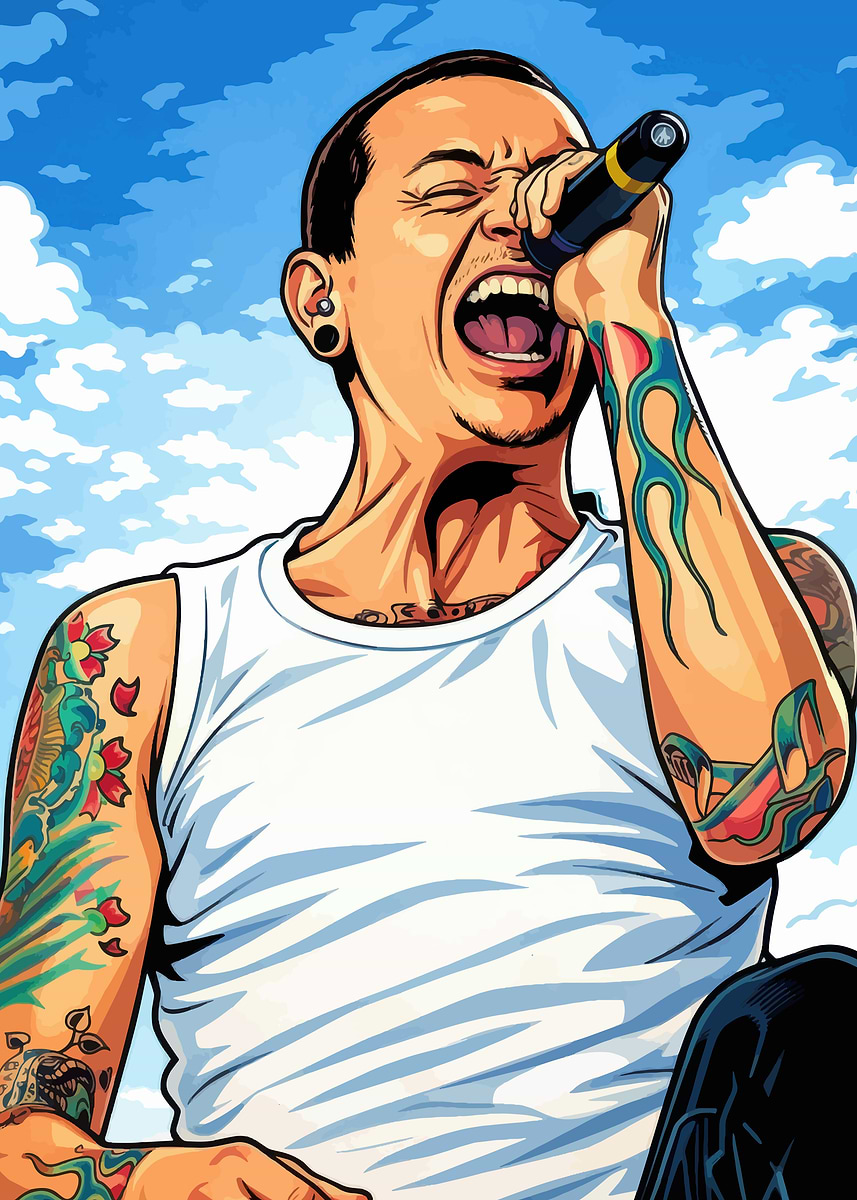 'Chester Bennington singing with tattoos' Poster, picture, metal print ...