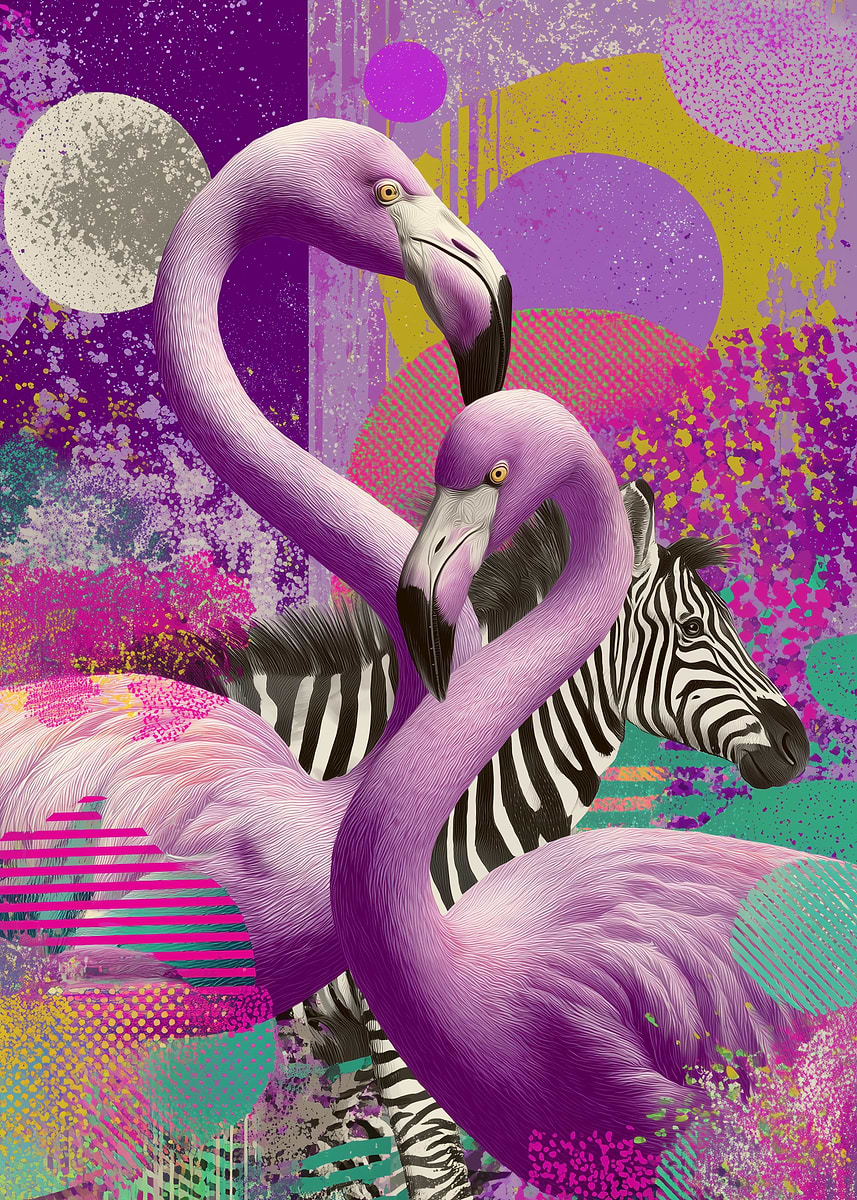 'Flamingos and Zebra in Abstract Background' Poster, picture, metal ...