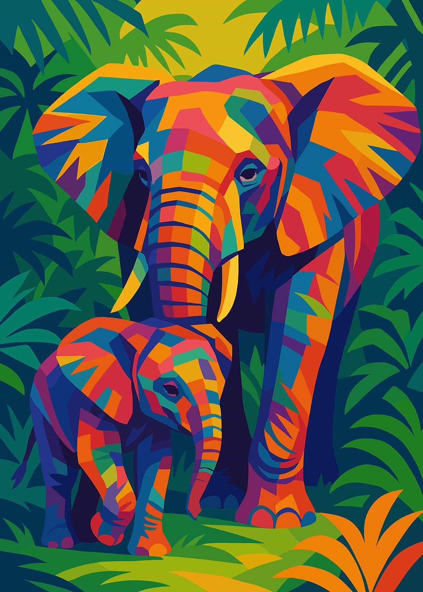 'Colorful Elephants in Jungle' Poster, picture, metal print, paint by ...