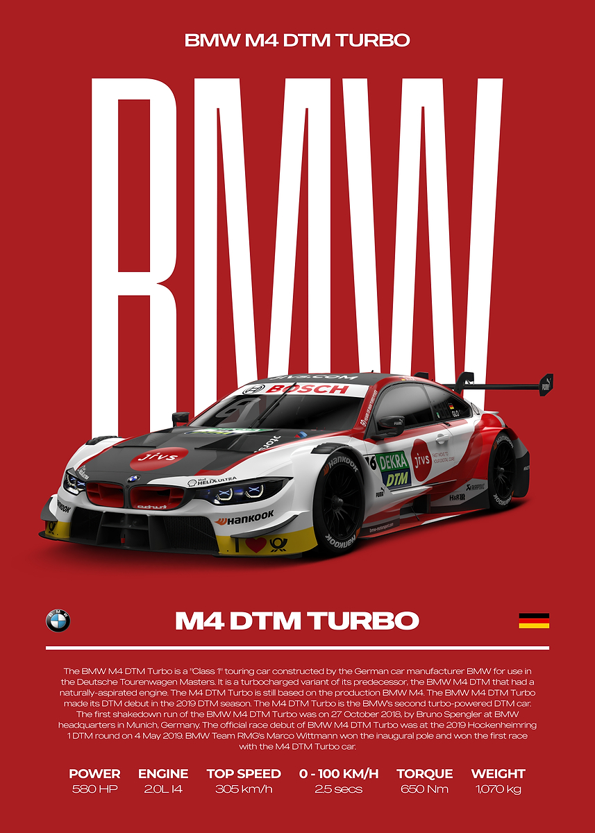 'BMW M4 DTM Turbo Race Car Poster' Poster, picture, metal print, paint ...